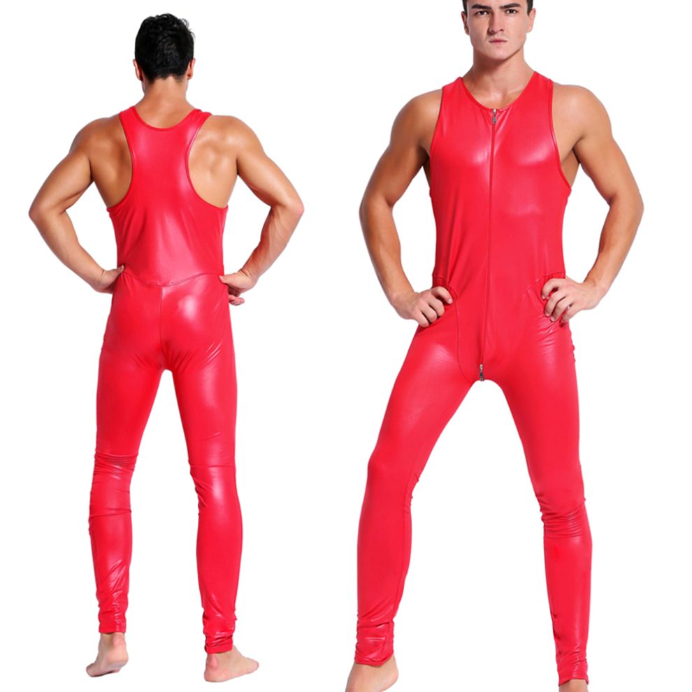 Sexy Men Black Red Catsuit Faux Leather Vinyl Bondage Bodysuit Leotard ...