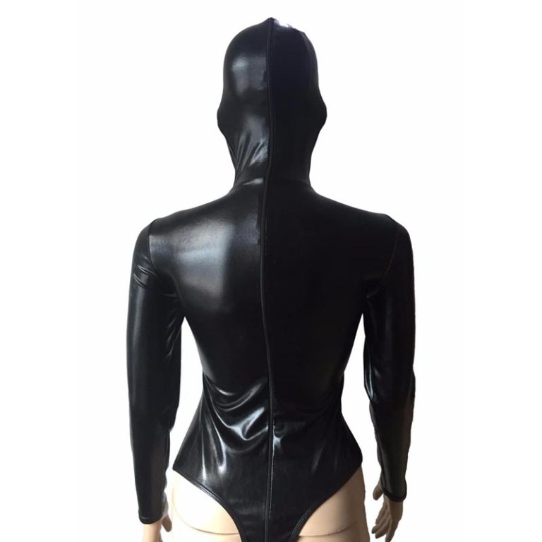 Women Faux Leather Wet Look Full Hooded Zentai Suit Bodysuit With Hood ...