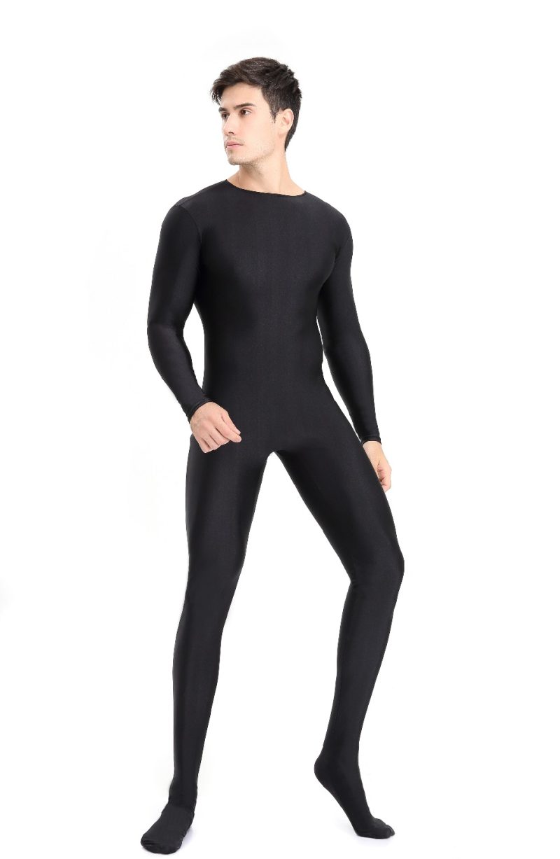 Mens Full Body Spandex Zentai Suit Black Long Sleeve Unitard Adult ...