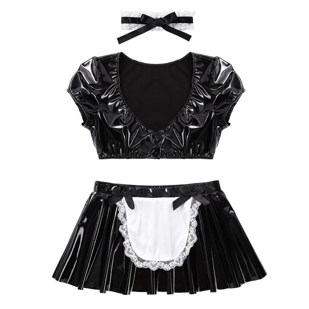 Womens Ladies Wetlook Clubwear Cocktail Party Leather Latex French Maid ...